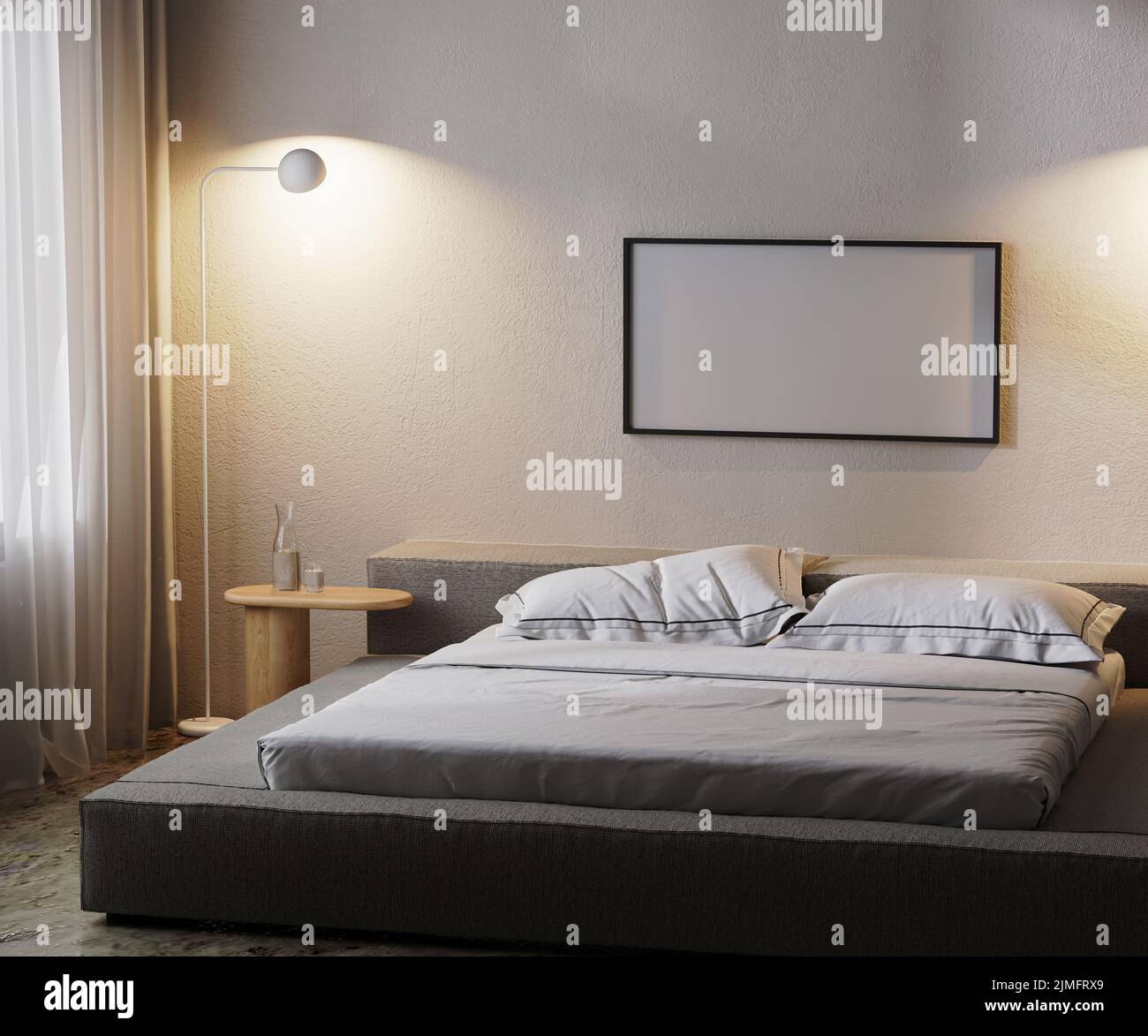 Horizontal frame mock up in modern bedroom interior in dark with lamp ...