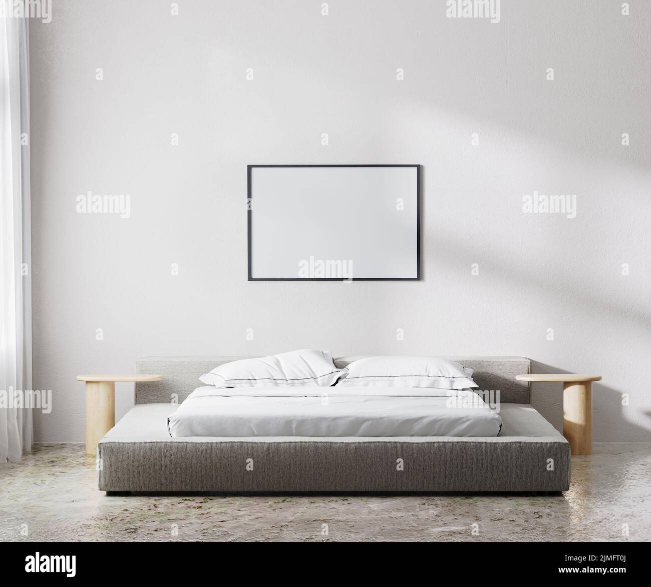 Mockup frame in bedroom interior, scandinavian style, 3d render Stock ...