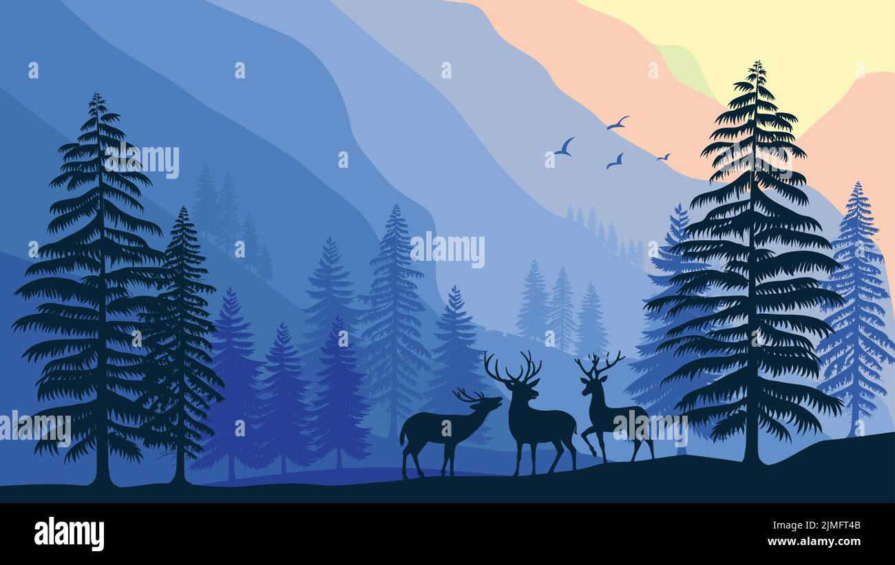 A vector illustration of nature with trees, stags, and mountains Stock ...