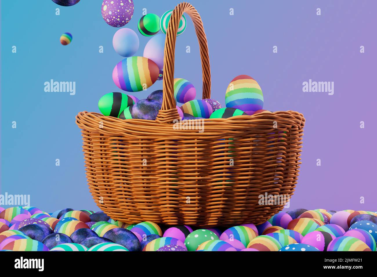 Easter wicker basket being filled with multi-color easter eggs 3D ...