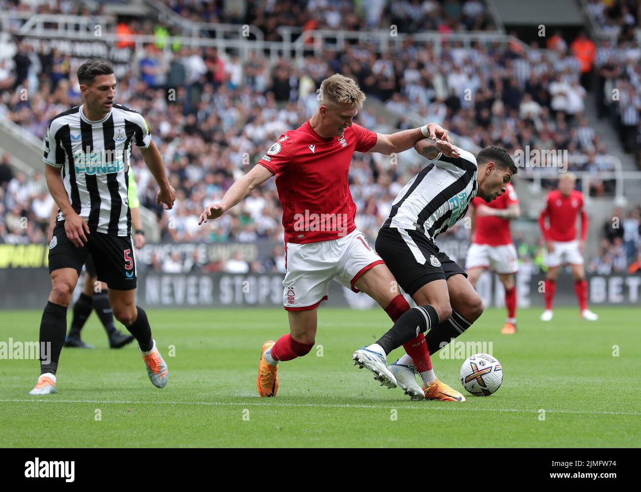 Nottingham Forest's Sam Surridge and Newcastle United's Bruno Guimaraes ...
