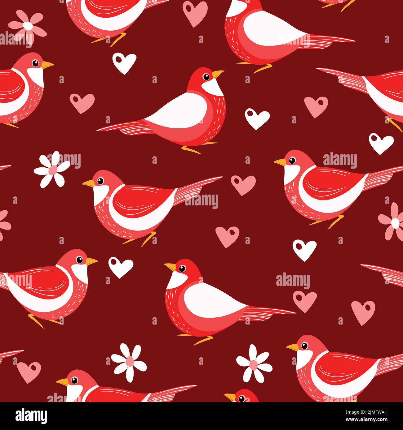 Seamless pattern with funny colorful birds, flowers, leaves and berries ...