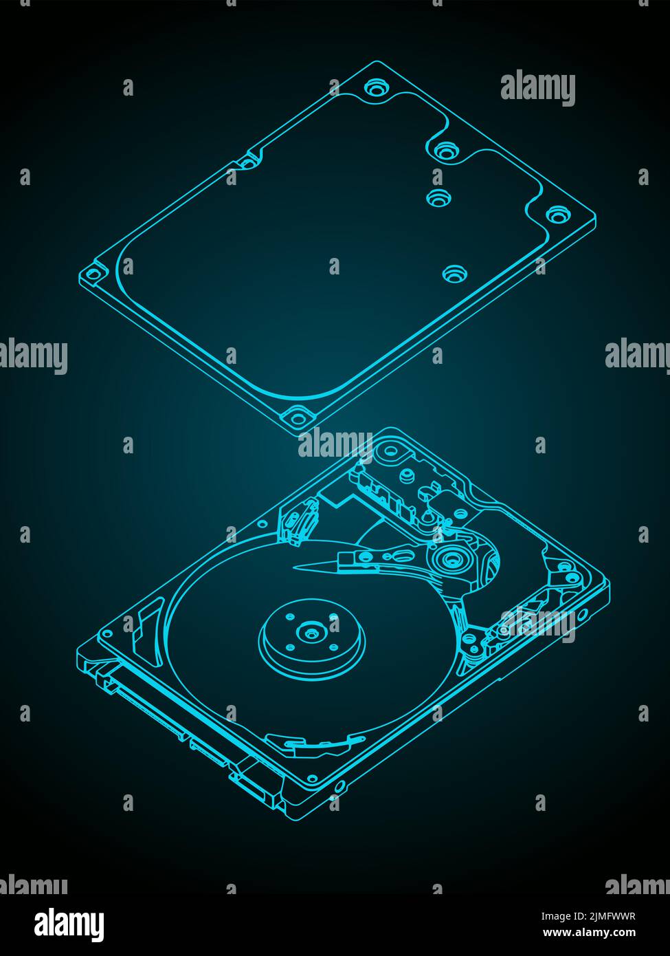 Stylized vector illustration of isometric blueprints of hard disk drive ...