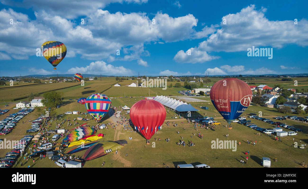 Aerial View of Many Hot Air Balloons Getting Ready to Take Off Stock ...