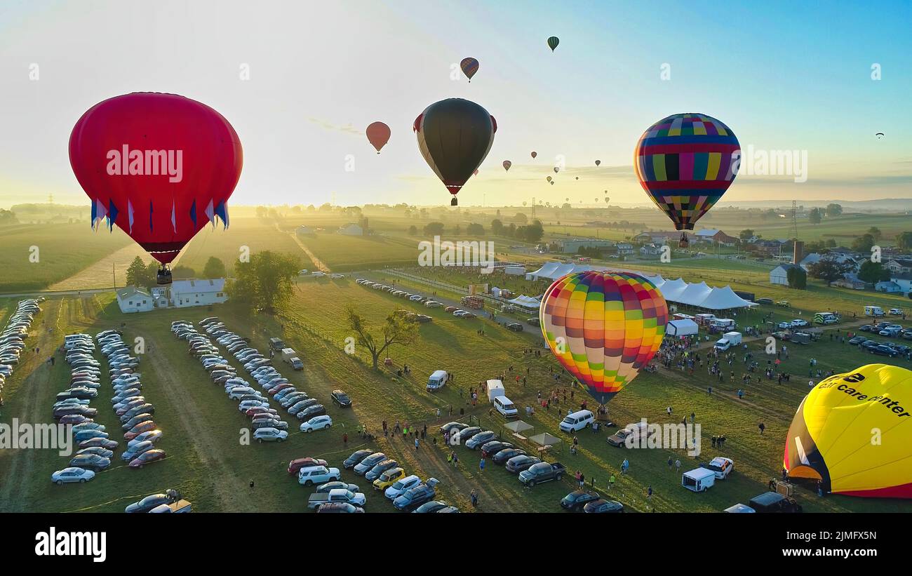 Aerial View of Many Hot Air Balloons Getting Ready to Take Off Stock ...