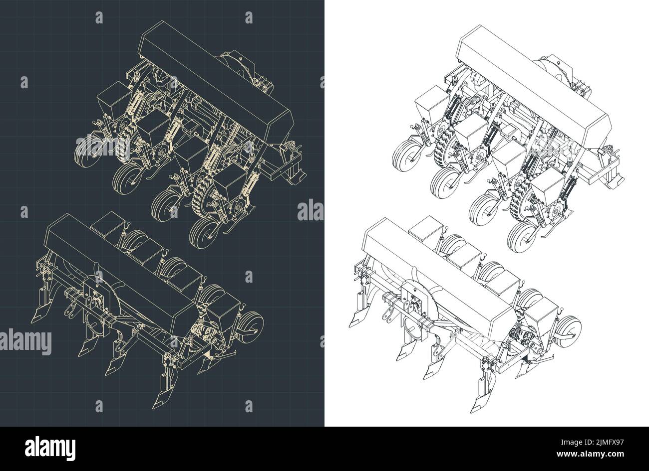 Stylized vector illustration of isometric blueprints of seed planter ...