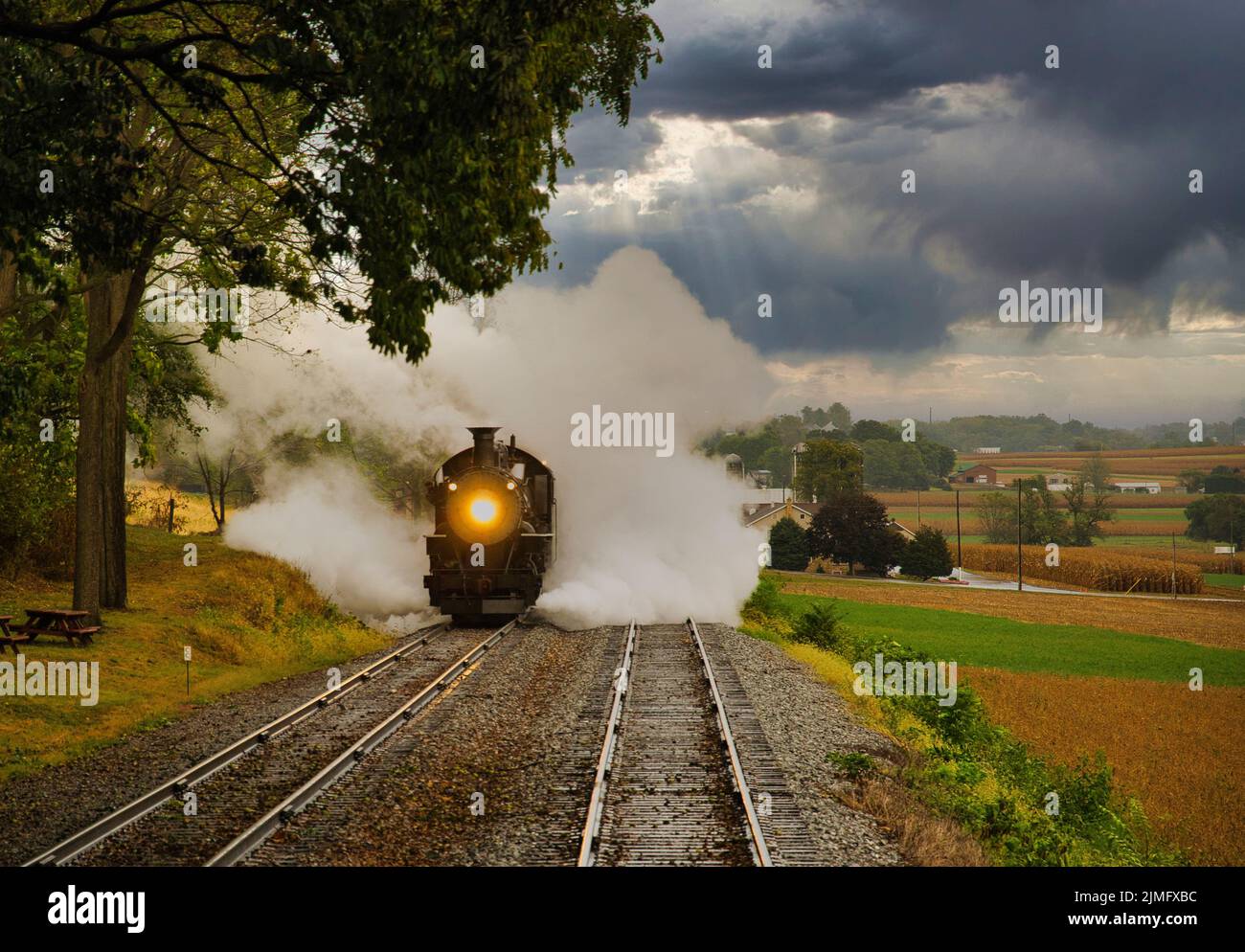 Antique Restored Steam Freight Train Approaching Head on Blowing Smoke ...