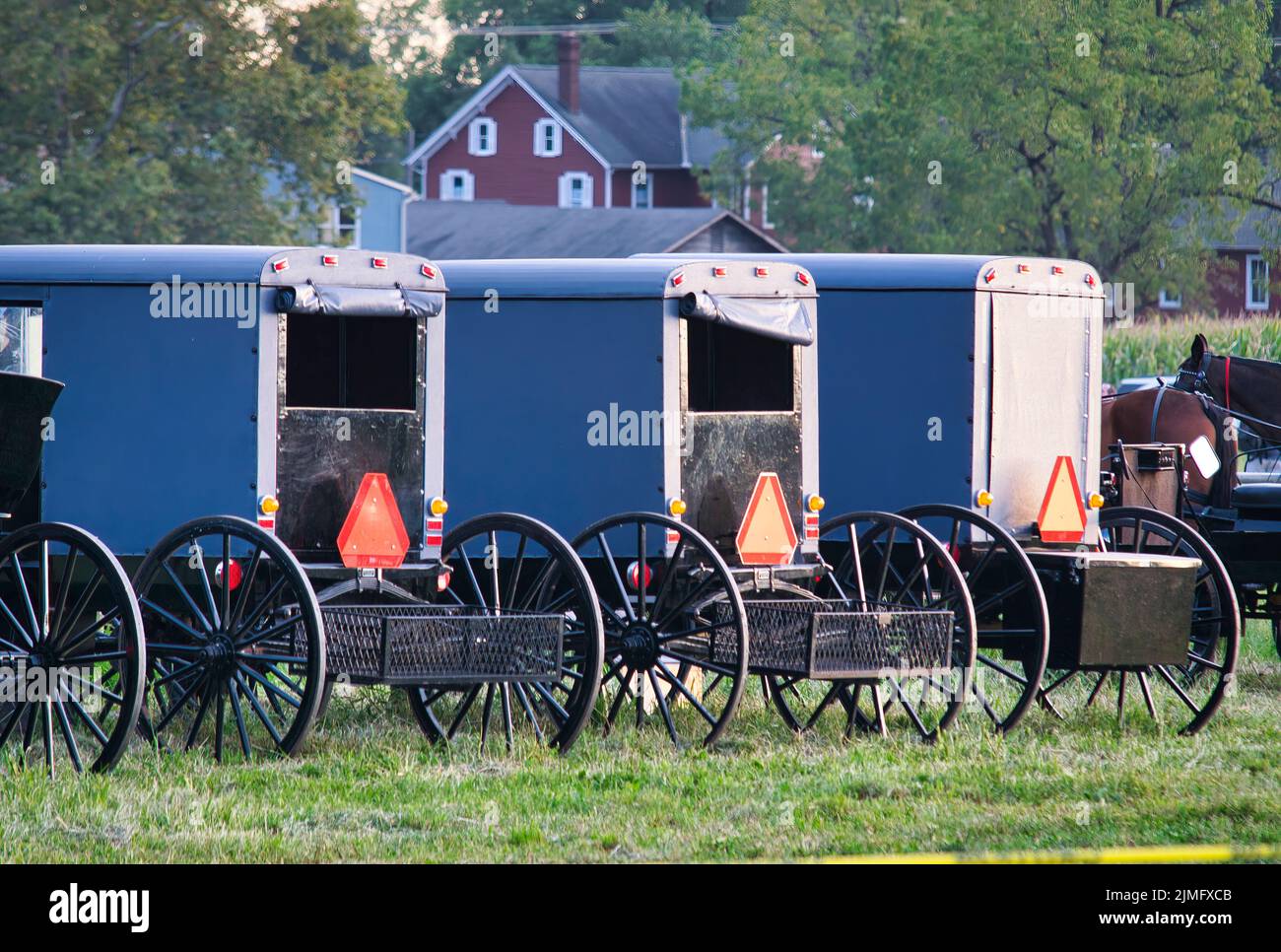 Row of Amish Carriages and Buggies at a Lancaster PA Event Stock Photo ...