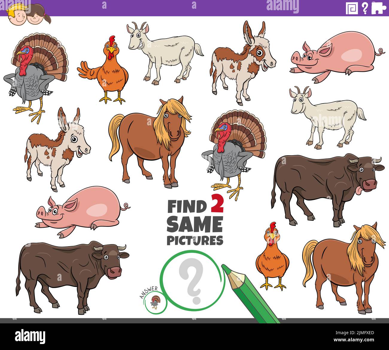 Find two same cartoon farm animals educational task Stock Photo - Alamy