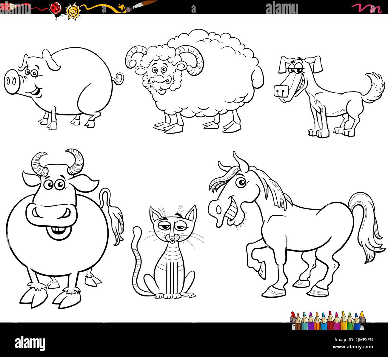 Cartoon funny farm animals characters set coloring book page Stock ...