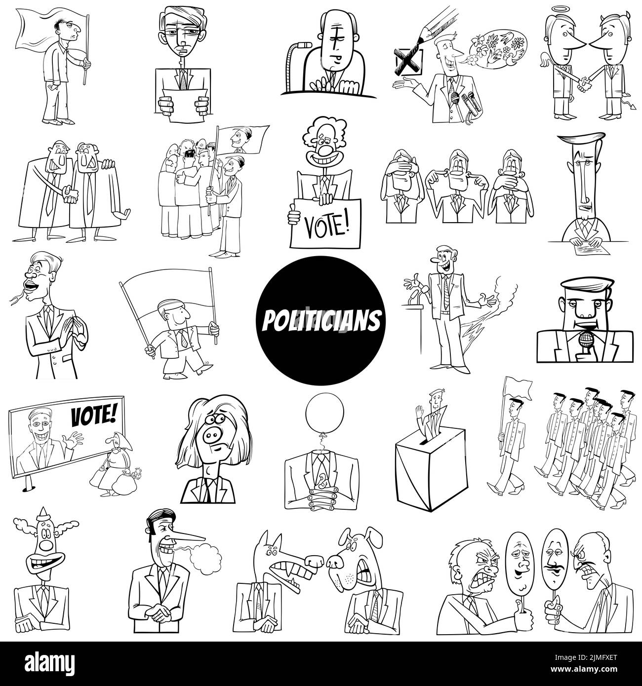Black and white politicians characters and conceptual cartoons set ...