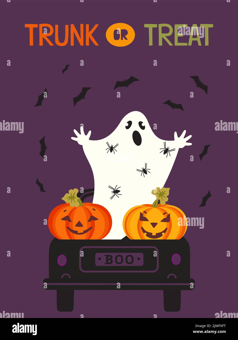 Halloween Spooky Trunk or Treat Cute vector poster. Holiday truck with ...
