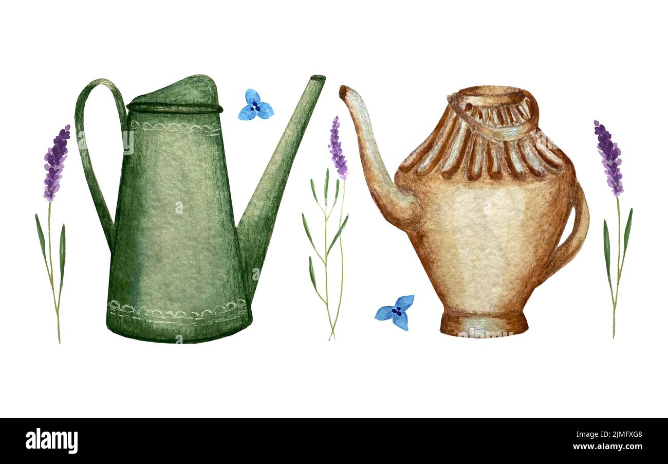 Garden watering can autumn set and sprigs of lavender watercolor ...