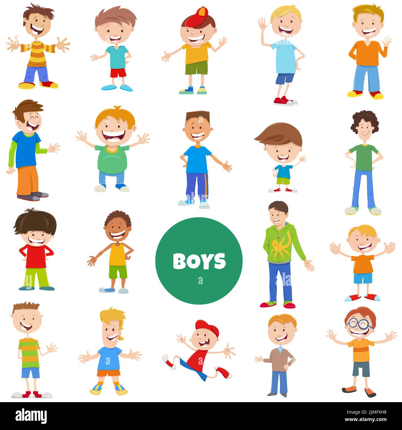 Cartoon elementary age and teen boys characters big set Stock Photo - Alamy