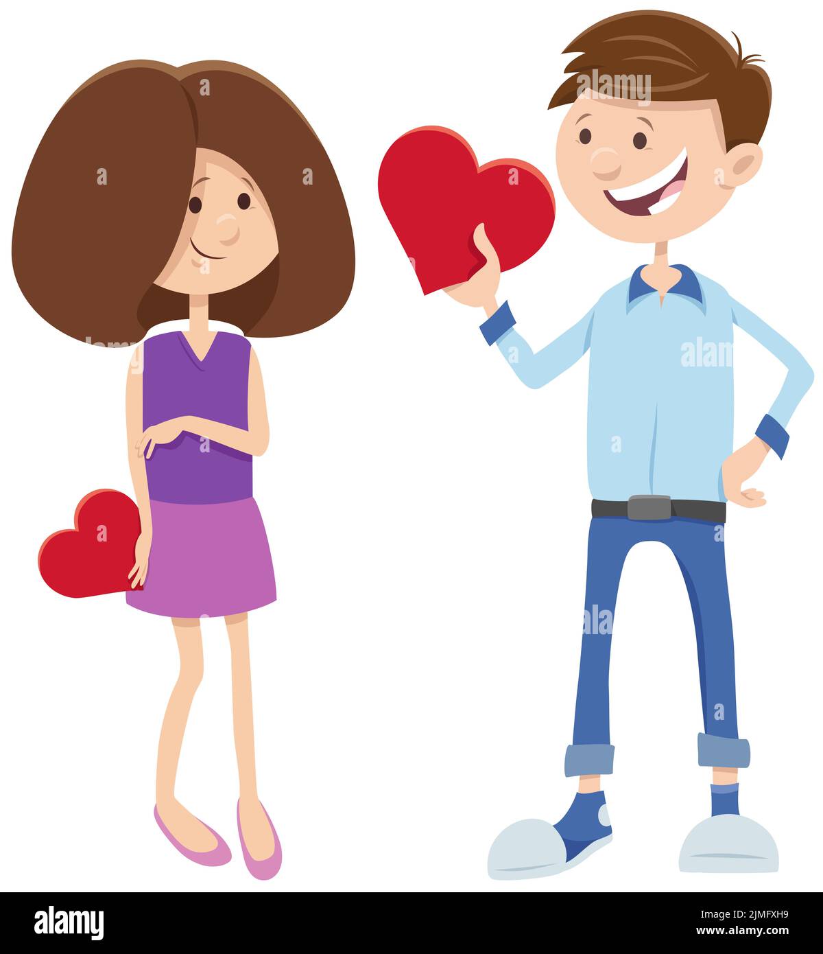 Valentine card with cartoon girl and boy characters in love Stock Photo ...