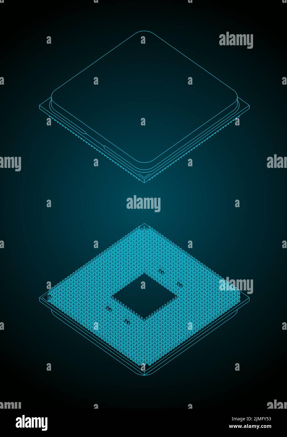 Stylized vector isometric illustrations of blueprints of CPU Stock ...