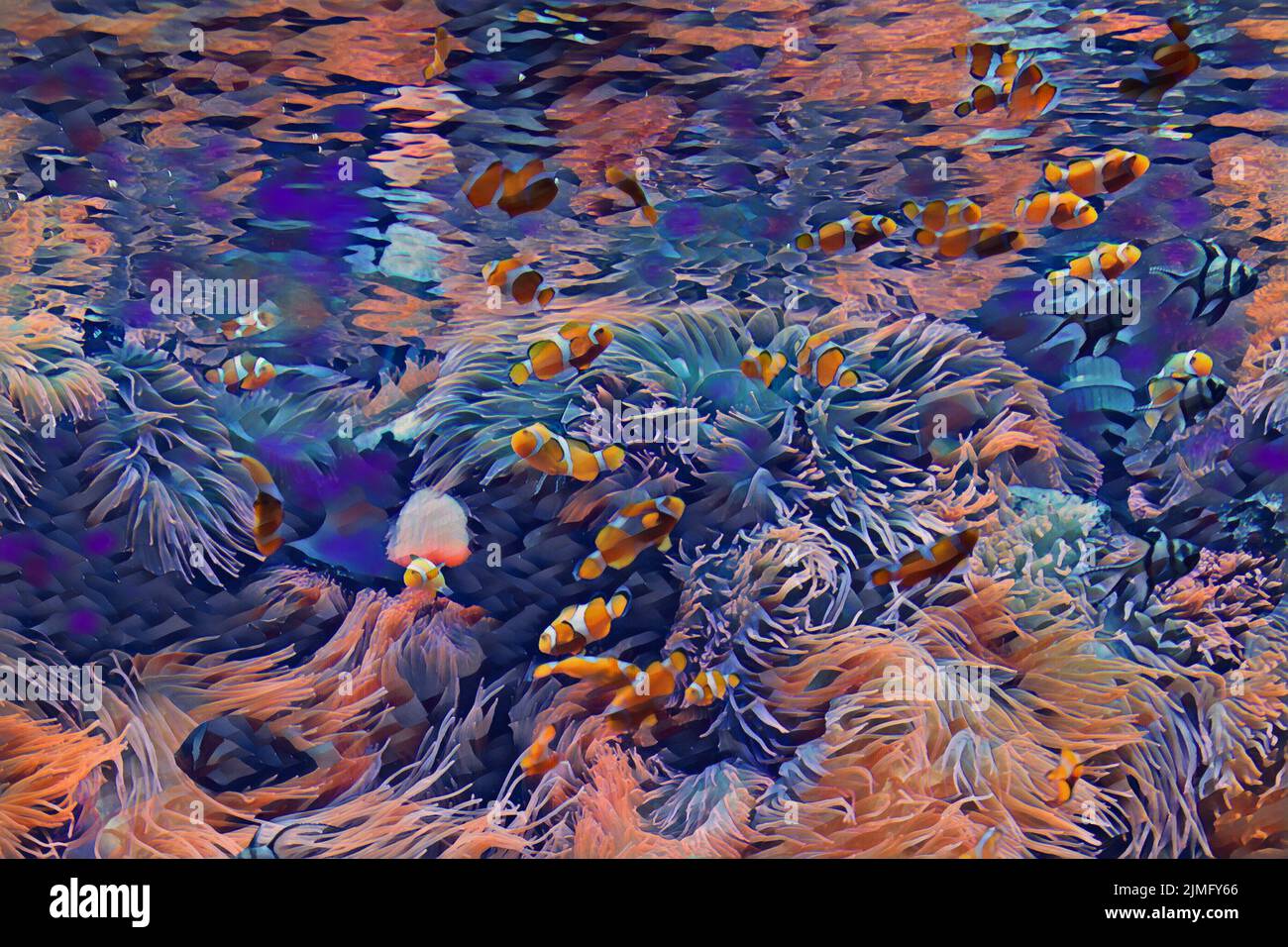 Large aquarium saltwater tank with bright, vibrant colors, Clown Fish ...