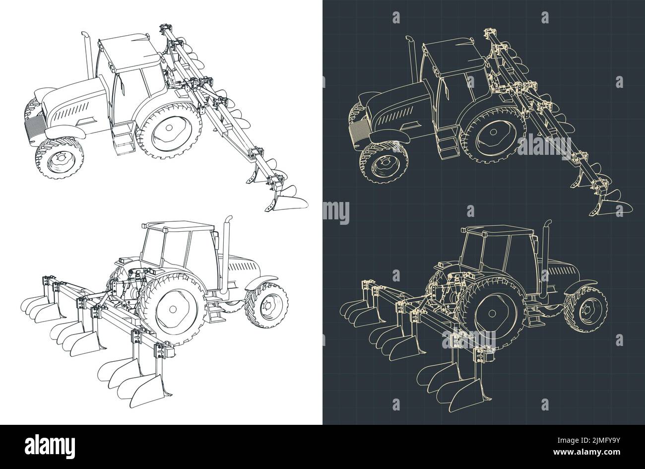 Stylized vector illustration of drawings of tractor with plowing ...