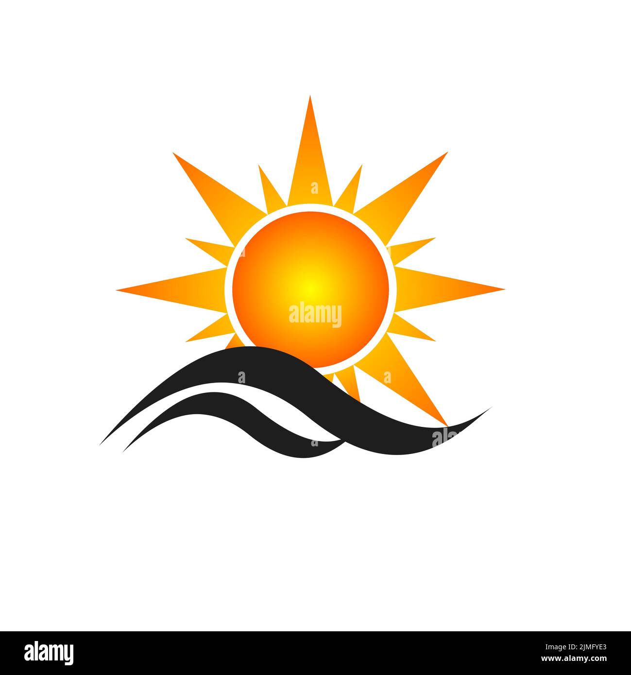 Sun and sea logo, wave icon. Hot yellow sun. Summer landscape, vector ...
