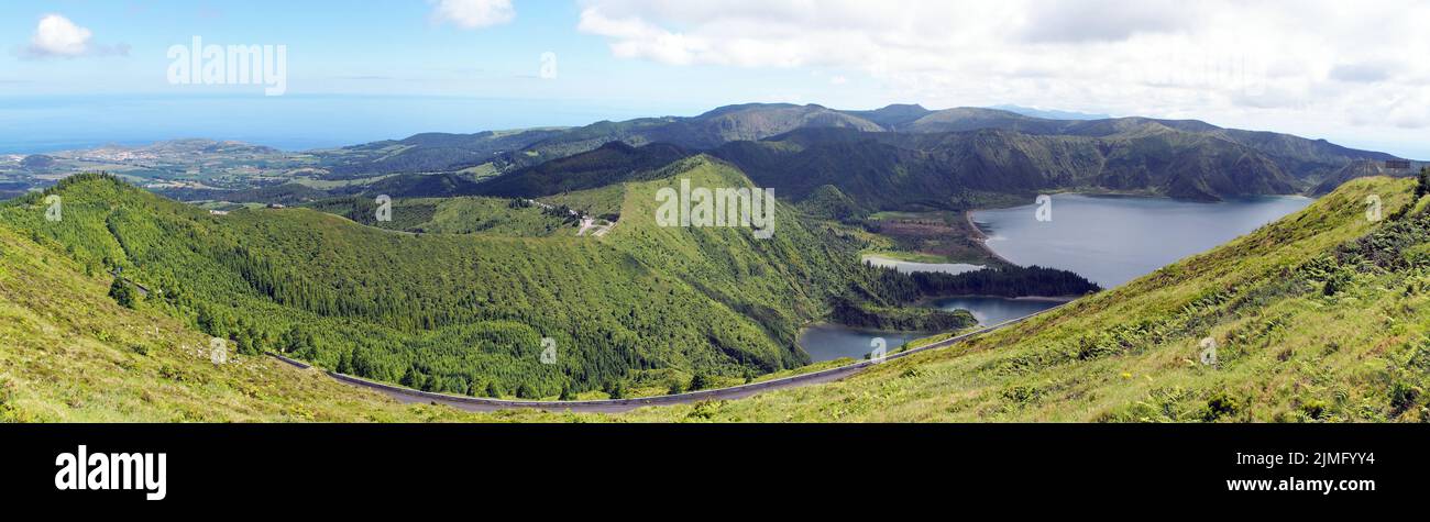 Agua de Pau Massif stratovolcano, with crater lake Lagoa do Fogo ...