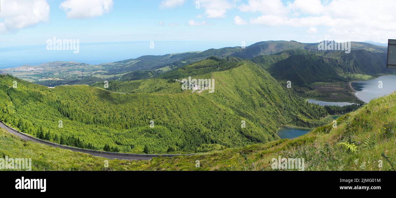 Agua de Pau Massif stratovolcano, with crater lake Lagoa do Fogo ...