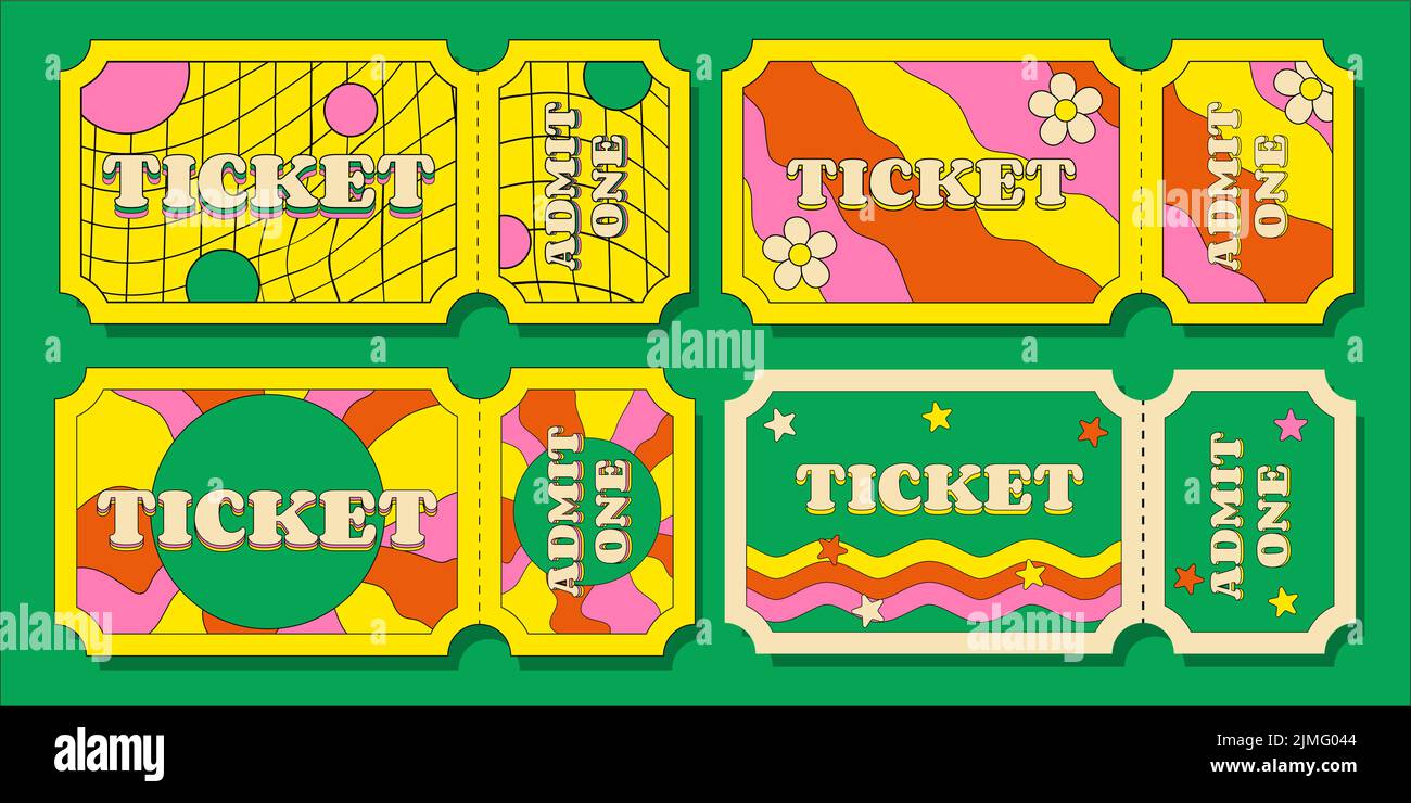 Set Colorful Entrance Tickets for One Person in a Retro Groove Style ...