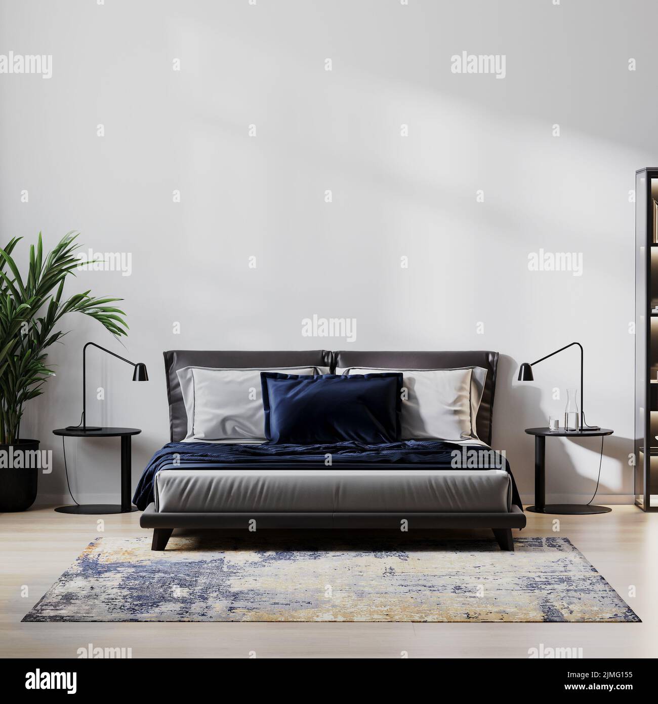 Home bedroom interior mock up with bed and dark blue pillow, bedside ...