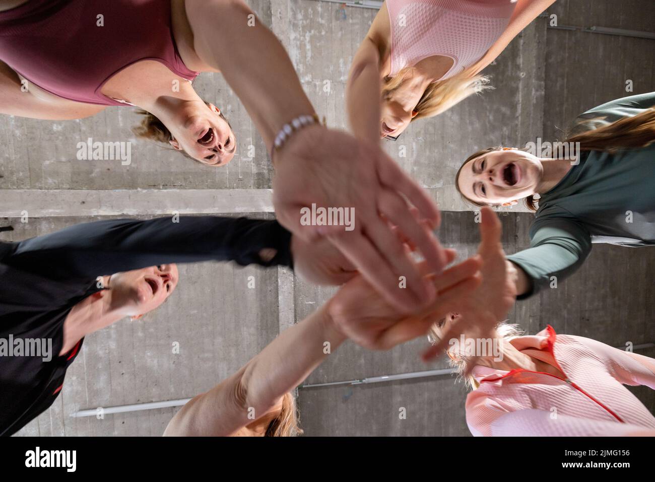 Group of six young motivated sporty girls wearing sports attire ...