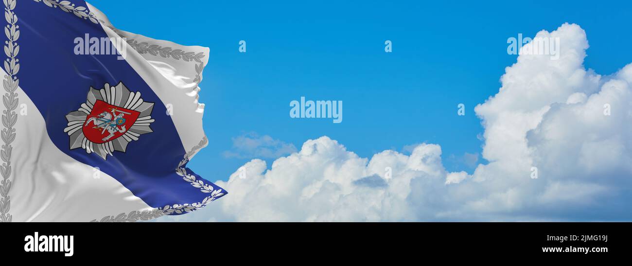 official flag of Police lithuania at cloudy sky background on sunset ...