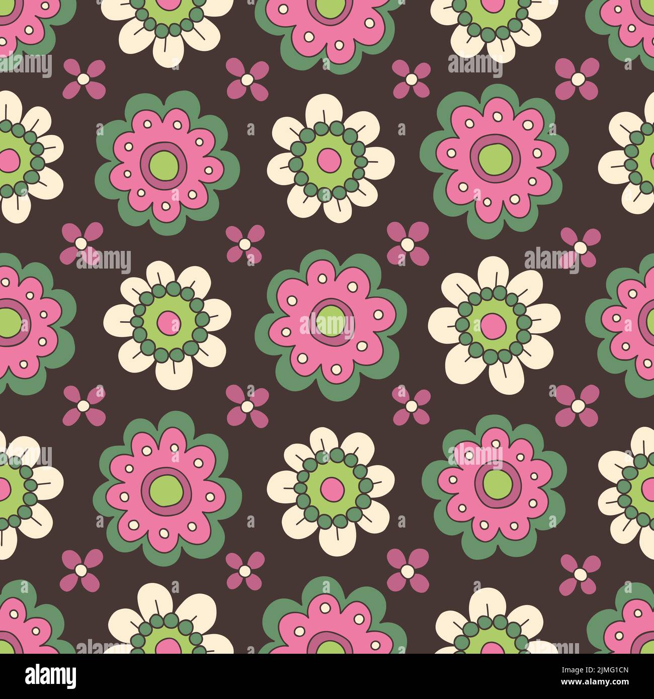Colorful Hand-Drawn Floral Vector Seamless Pattern. Retro 70s Style ...