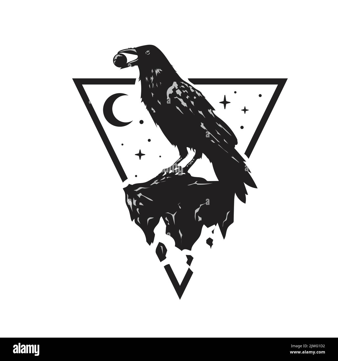 A black raven carries a ball in its beak with triangle moon and star ...