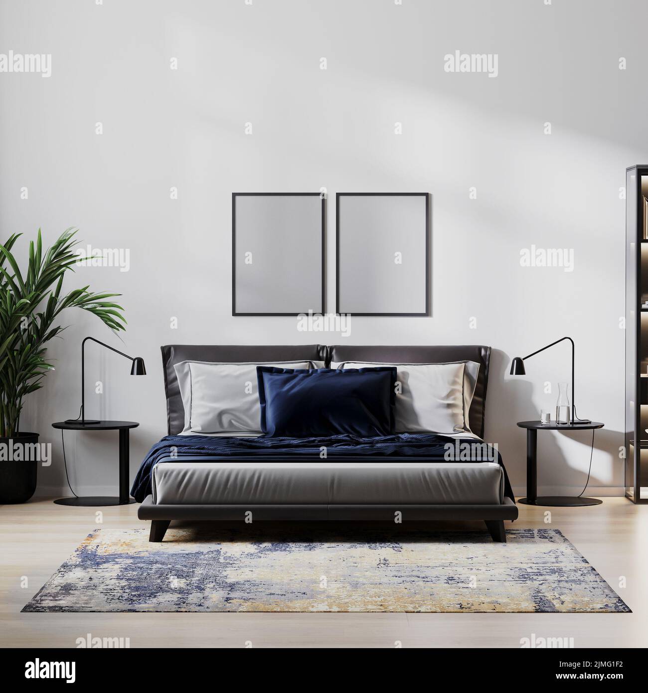Poster frame mock up in home bedroom interio with bed and dark blue ...