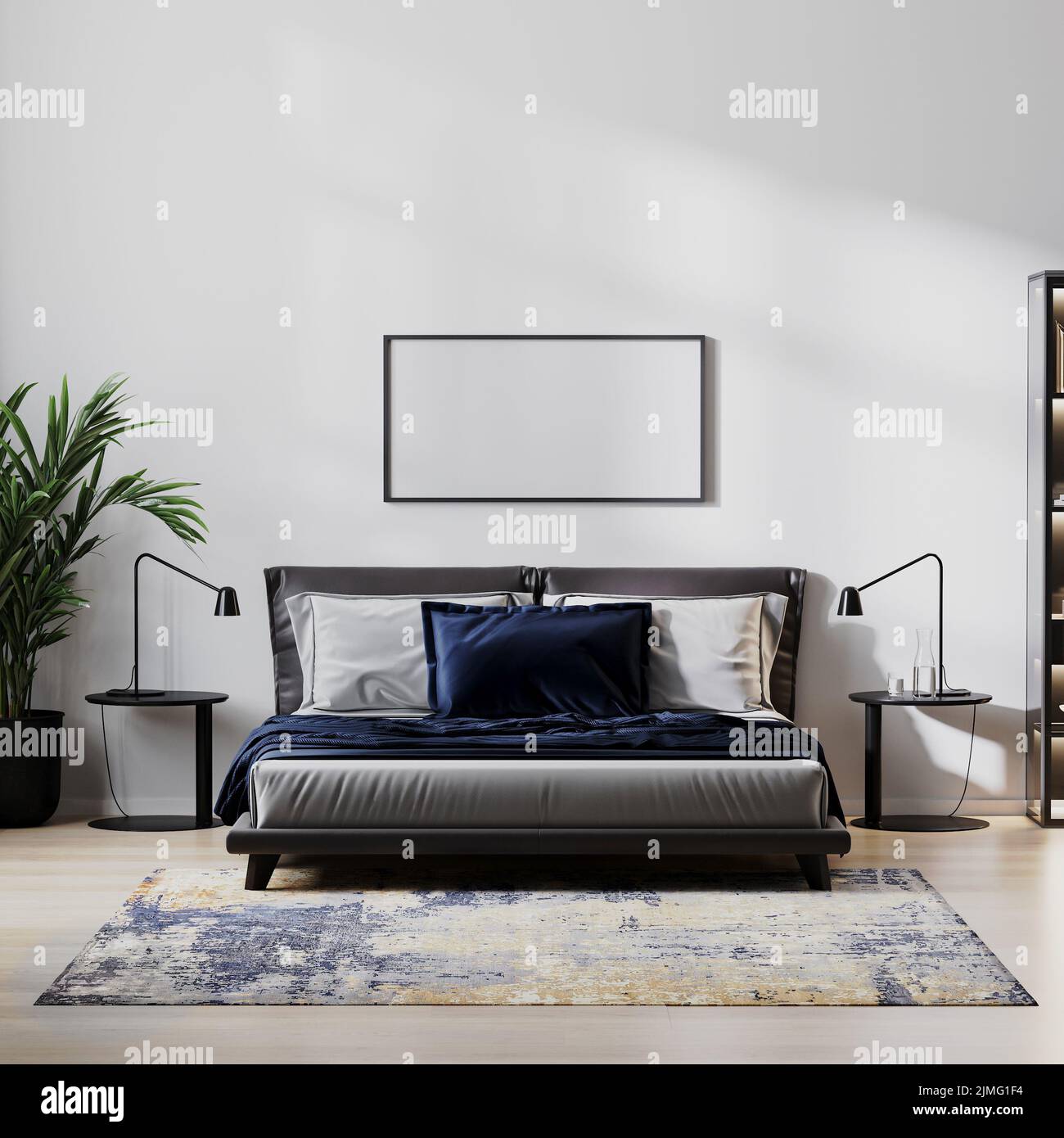 Picture frame mock up in home bedroom interio with bed and dark blue ...