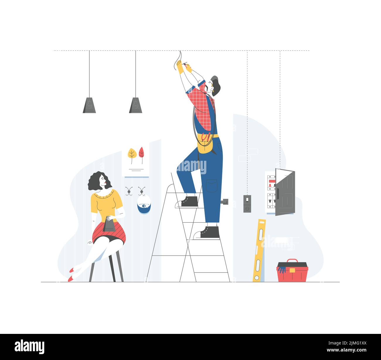 The electrician is installing or repairing the wiring in the house ...