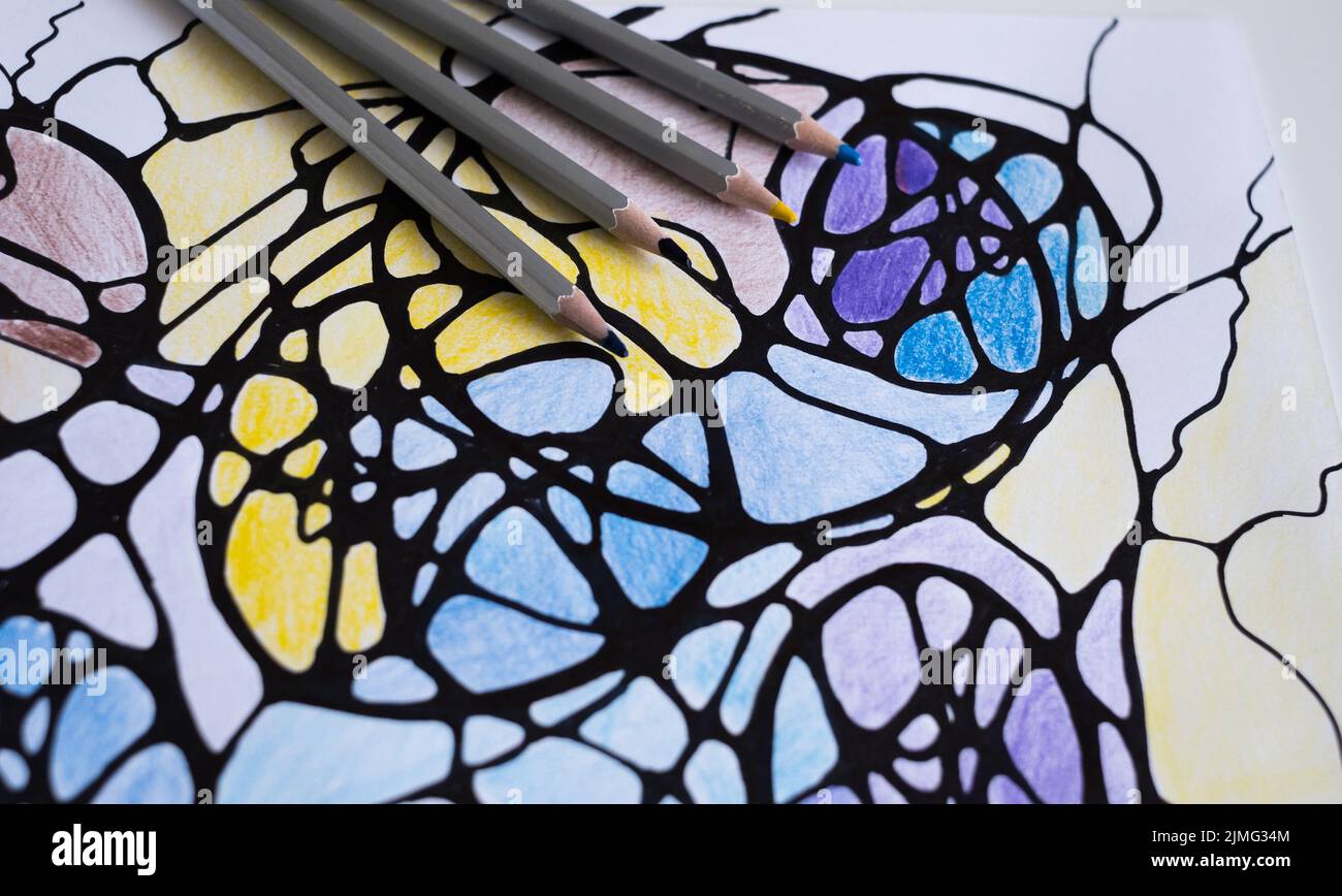 A woman draws a neurographic drawing on paper with color pencils ...