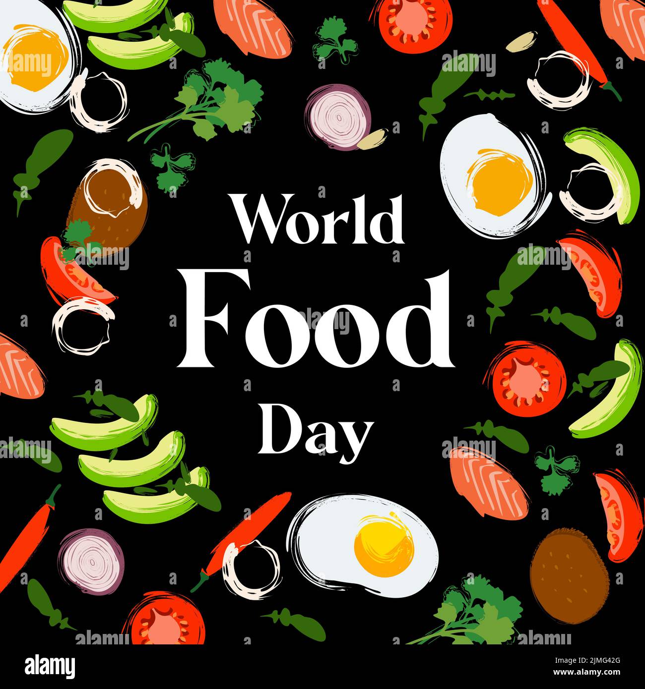 Food illustrations on black background with text World Food Day Stock ...