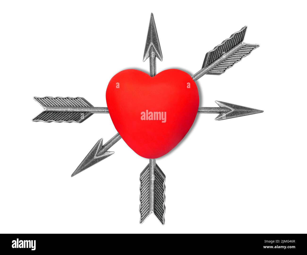 Large red heart penetrated by three steel bow arrows isolated on white ...