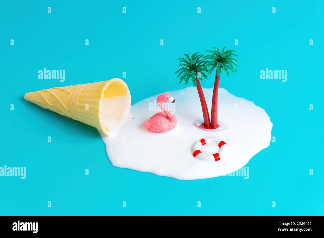 Vivid summer holidays vacation background: pink flamingo figurine in a ...