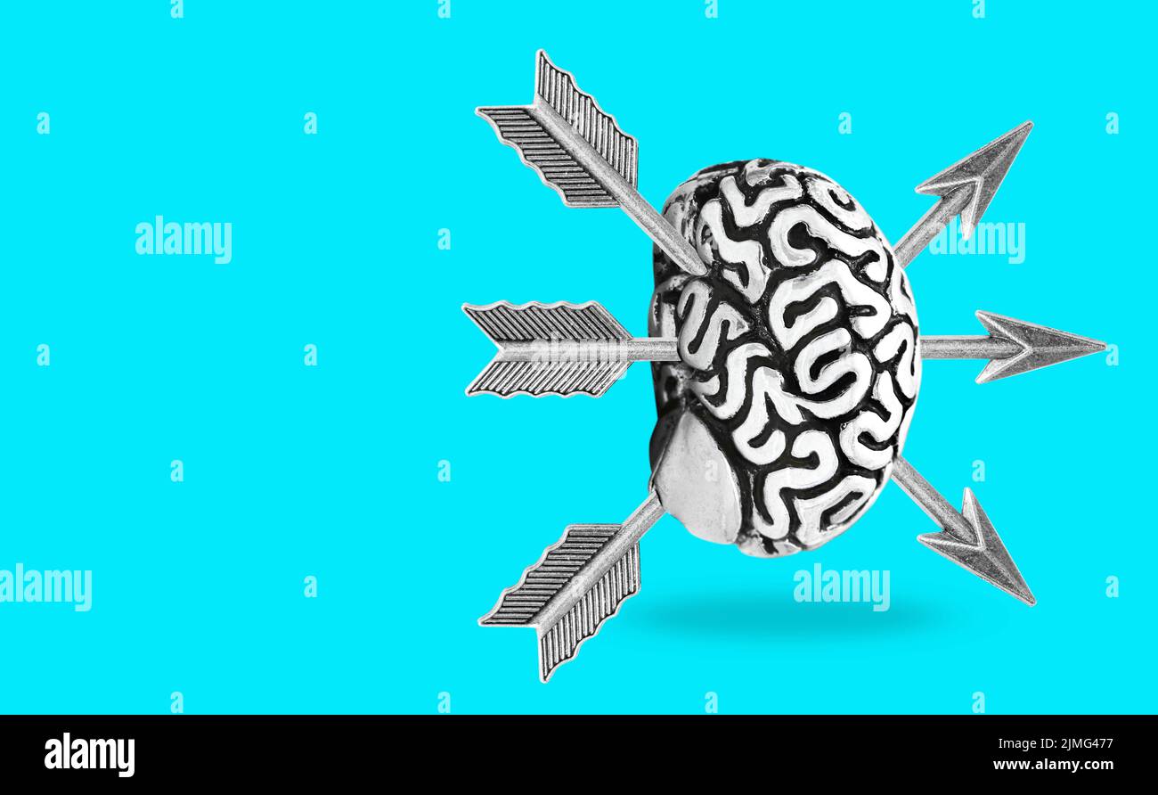 Three feathered bow arrows stuck in a human brain isolated on blue ...