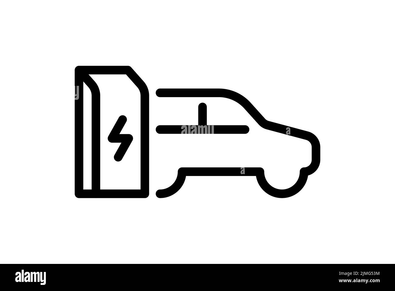 Electric car charging in charger station linear black icon. Electrical ...