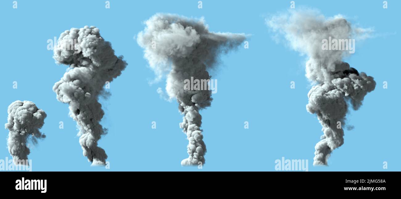 4 images of solid white smoke column as from volcano or huge industrial ...