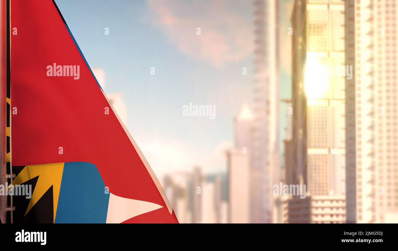 flag of Antigua and Barbuda on city skyscrapers buildings vanilla ...