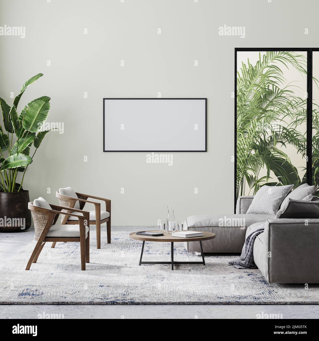 Horizontal frame in modern living room interior with beige wall, gray ...