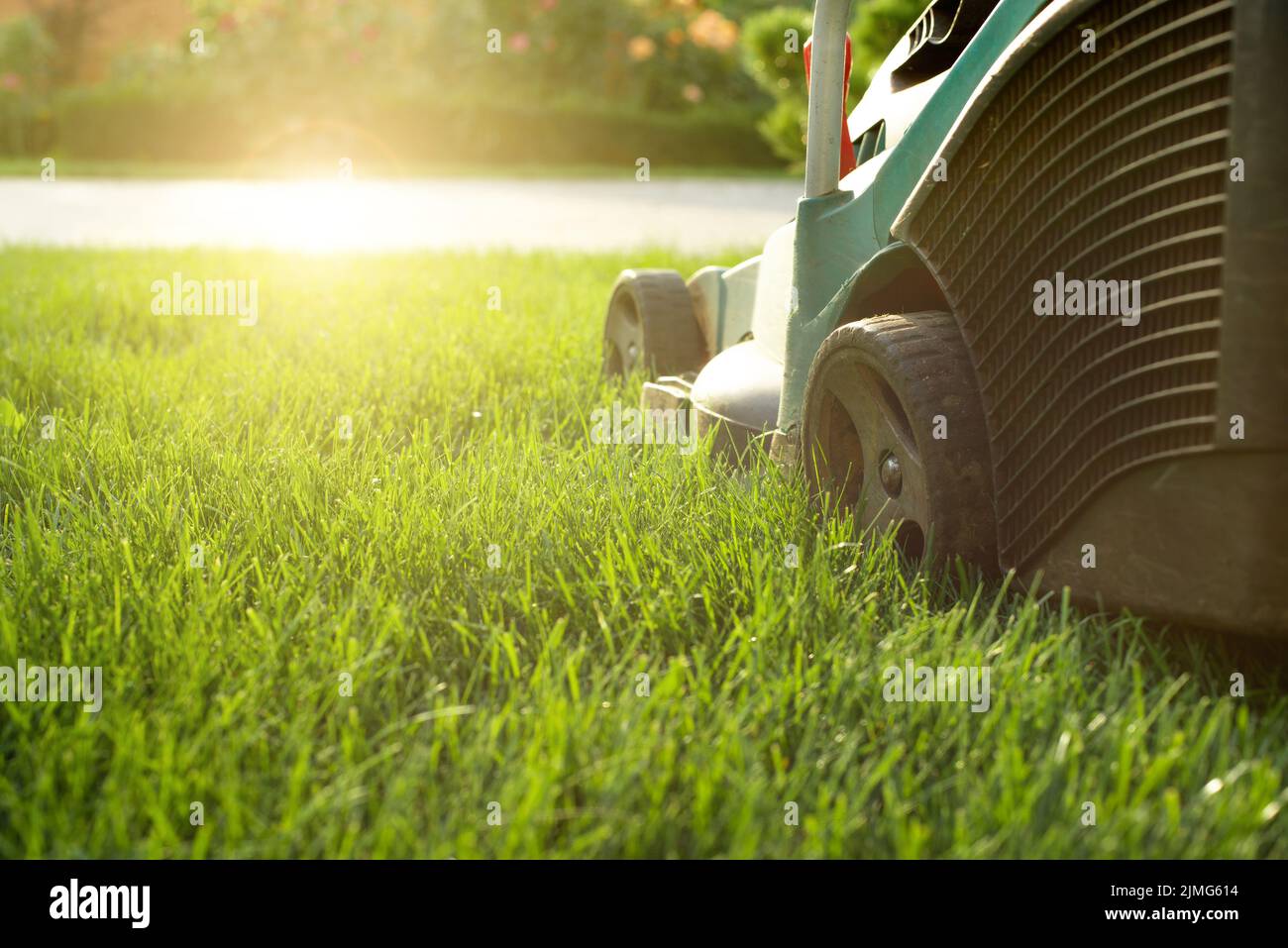 Lawn mower on grass closeup view. Lawn care concept Stock Photo - Alamy
