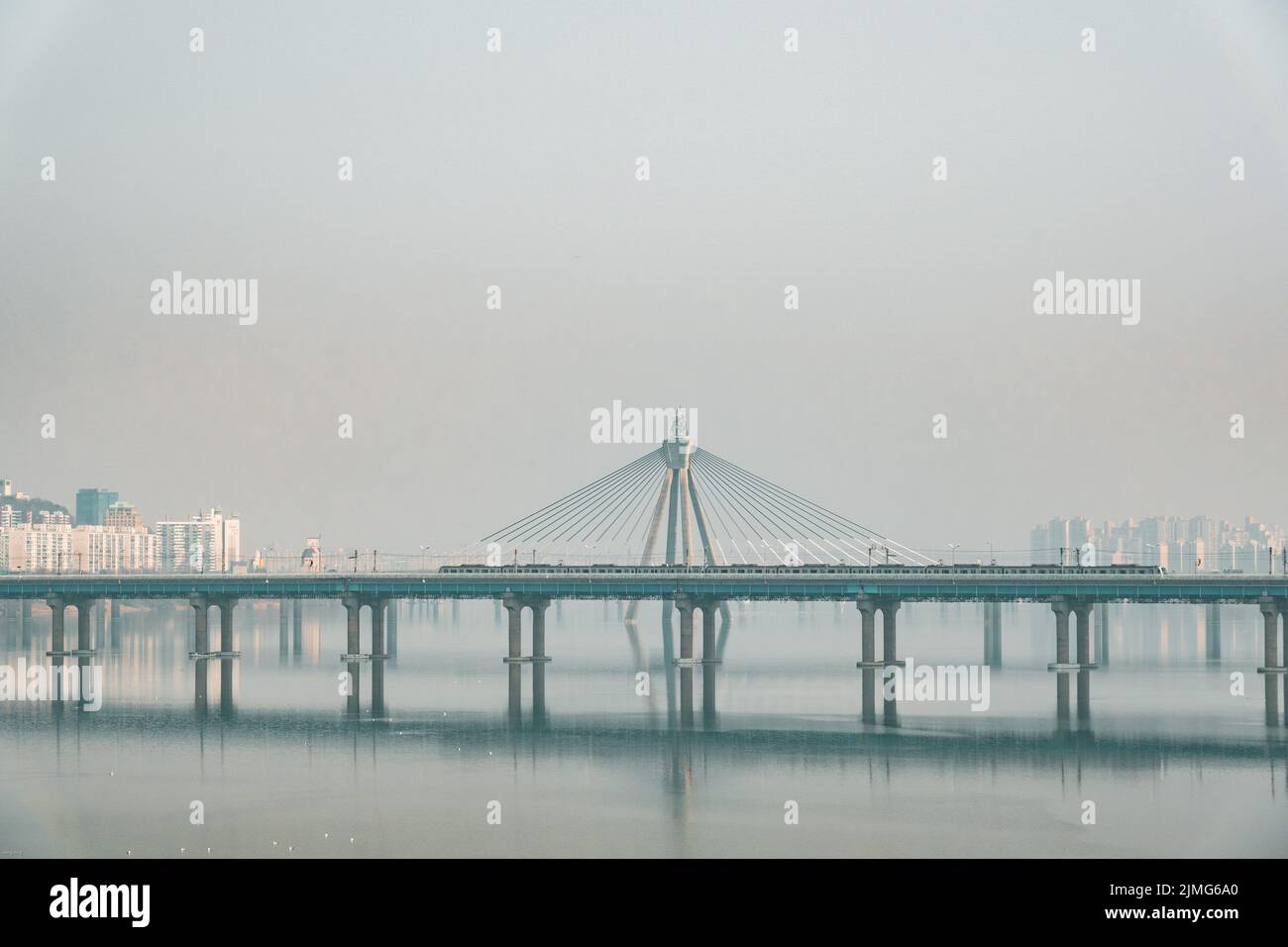 A breathtaking view of the Olympic Bridge in Seoul, South Korea against ...