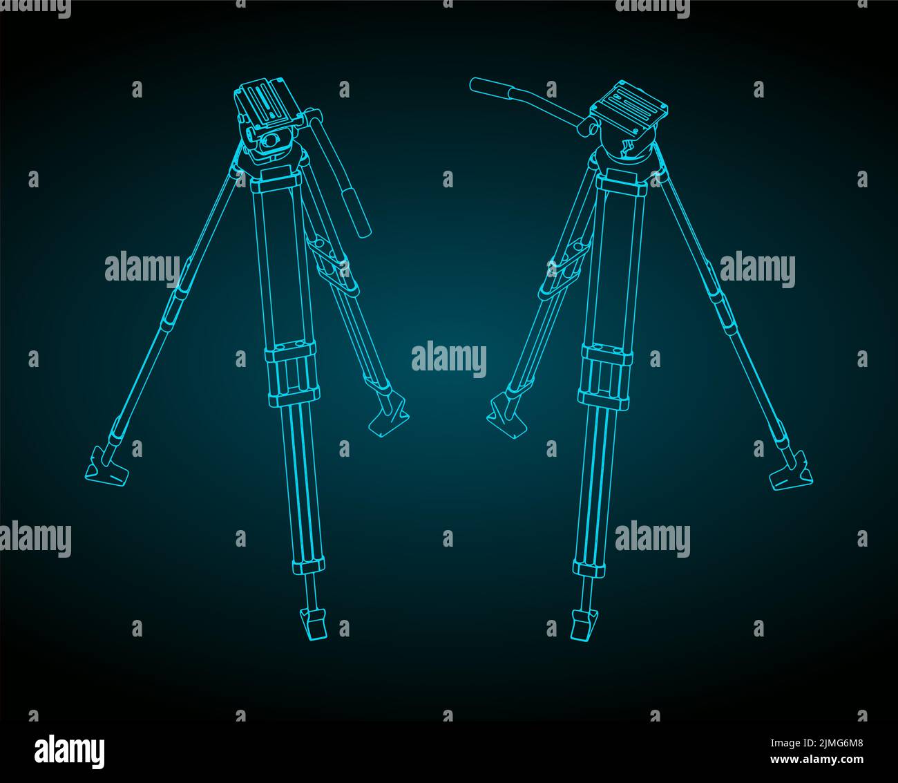 Stylized vector illustrations of isometric blueprints of camera tripod ...