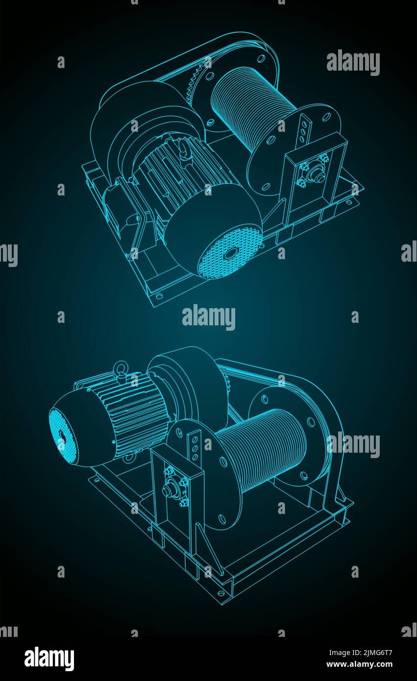 Stylized vector illustrations of isometric blueprints of electric winch ...