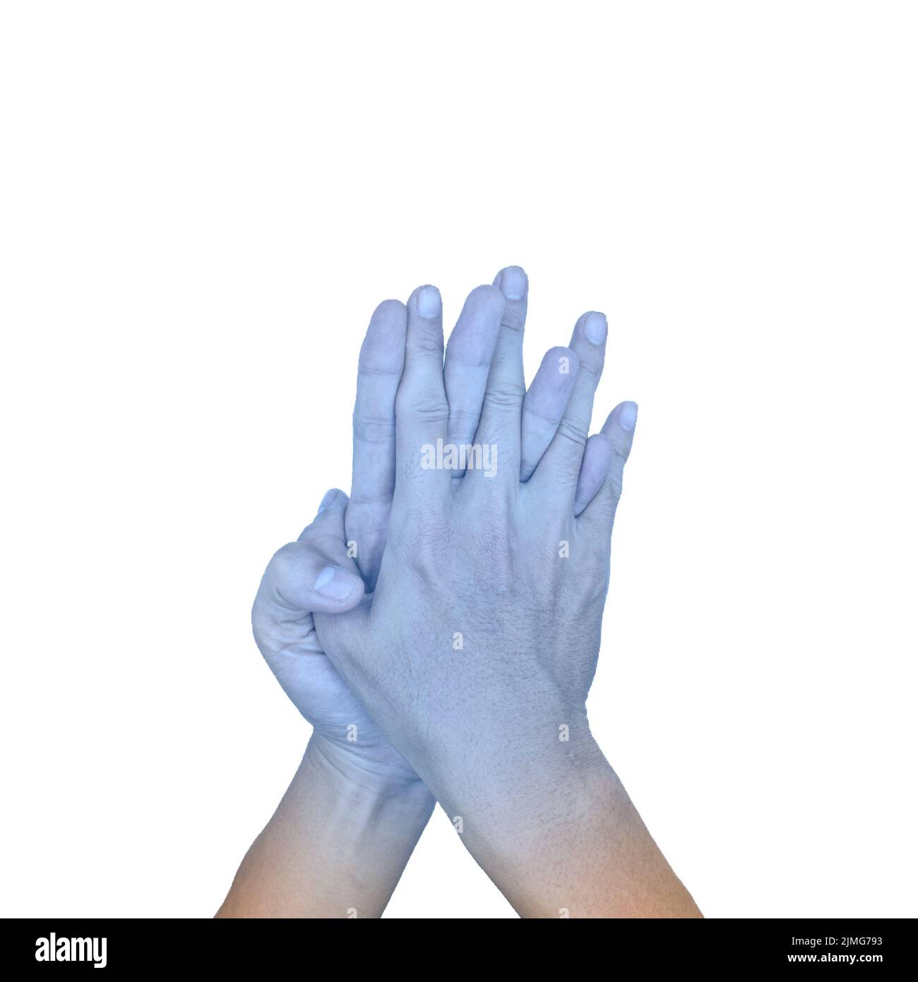 Clasped hands together with light blue color of Asian young man ...