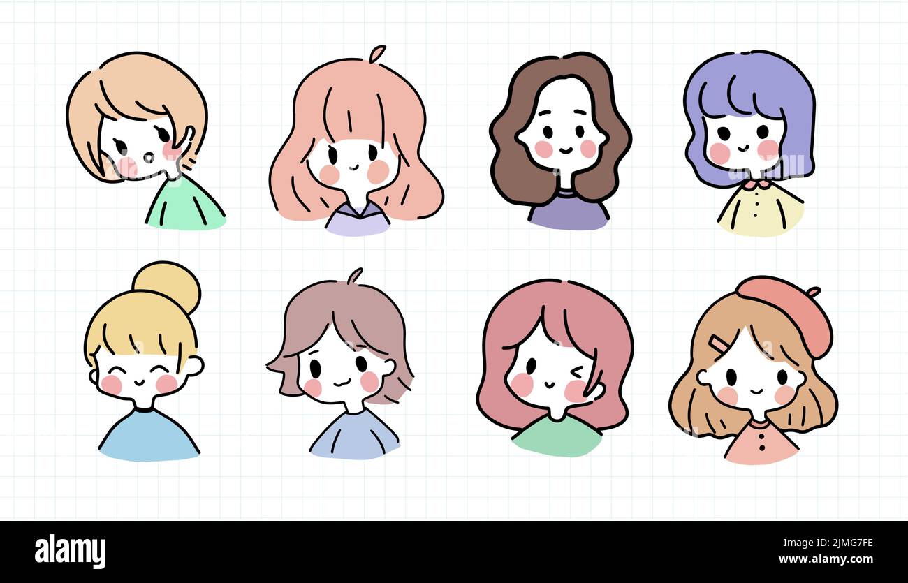Set of cute colorful trendy hand drawn portraits with different ...