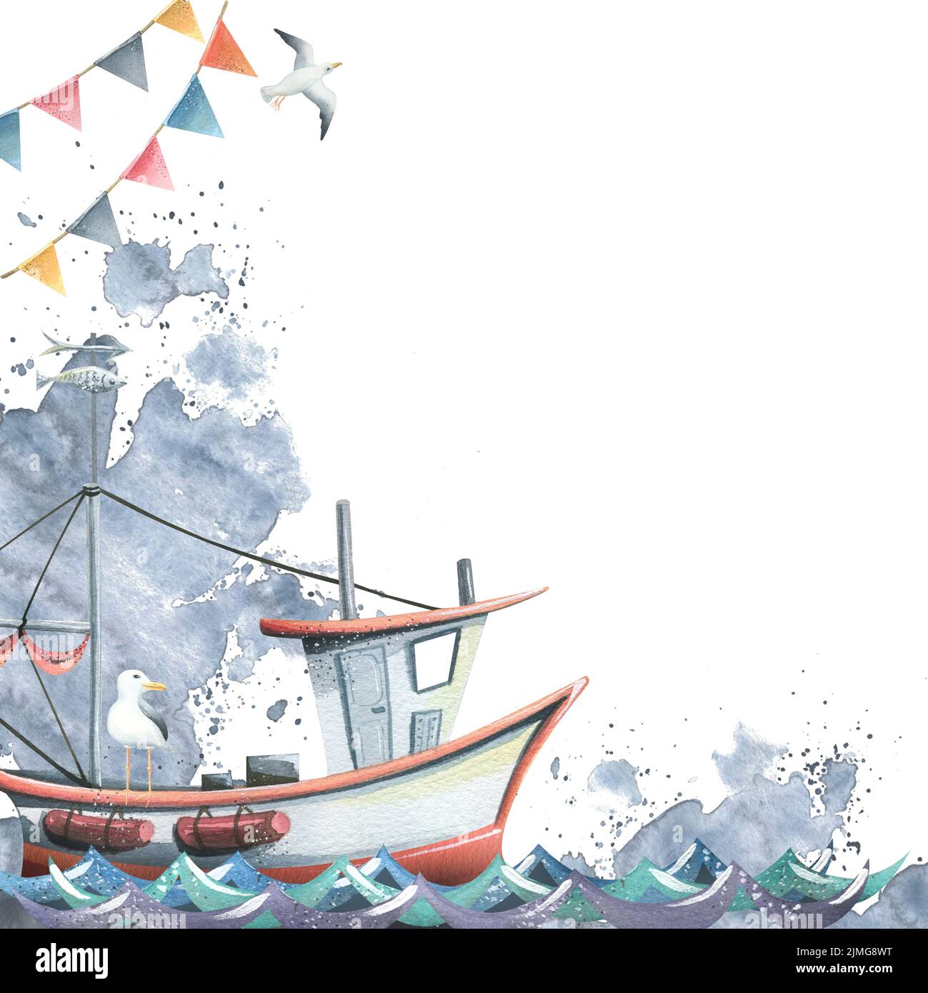 A boat on the waves with seagulls, garlands with flags and watercolor ...